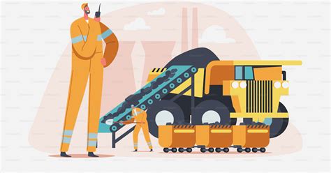 석탄 채굴 추출 산업 개념 트럭에 석탄을 싣는 광부 캐릭터 엔지니어는 운송 및 기술 화석 산업 생산으로 채석장에서 일합니다 만화 사람들 벡터 일러스트레이션 벡터