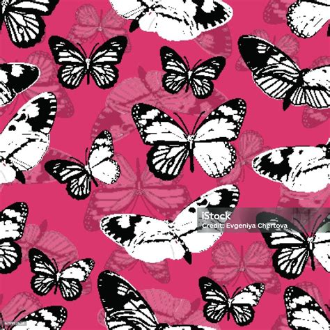 나비 완벽 한 패턴 단색 벡터 배경입니다 블랙 하 고 화이트 핑크 배경에서 다양 한 곤충 직물 디자인 벽지 포장지 인쇄 장식 검은색에 대한 스톡 벡터 아트 및 기타 이미지