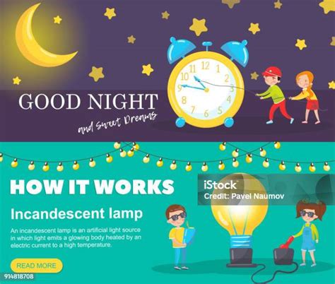 좋은 밤에 수평 배너 설정 하 고 달콤한 꿈 그것은 작동 원리 교육 설계를 위한 일러스트 요소 벡터 및 웹 귀여운에 대한 스톡 벡터 아트 및 기타 이미지 Istock
