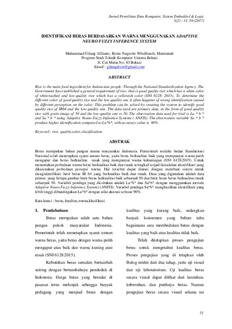 Pdf Identifikasi Beras Berdasarkan Warna Menggunakan Adaptive Neuro Fuzzy Inference System