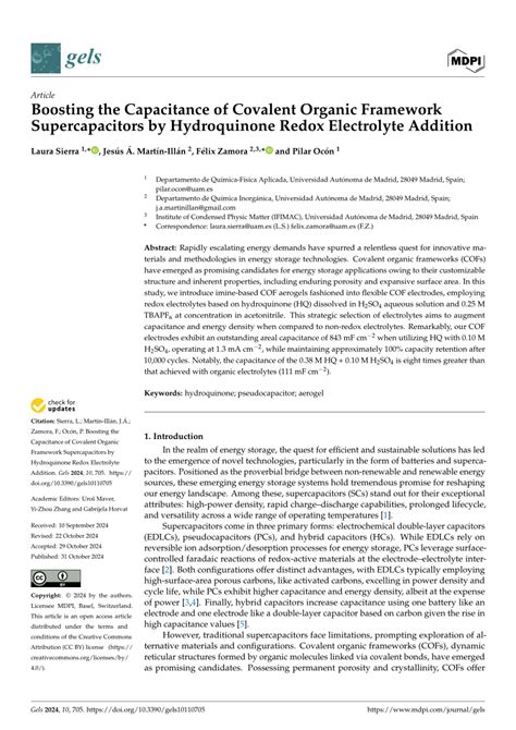 Pdf Boosting The Capacitance Of Covalent Organic Framework Supercapacitors By Hydroquinone