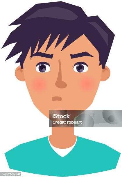 젊은 남자의 부정적이고 불쾌한 얼굴 표정 분노의 감정 평온함을 가진 남자 감정에 대한 스톡 벡터 아트 및 기타 이미지 감정 귀여운 남성 Istock