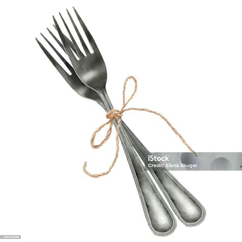 끈으로 묶인 두 개의 포크 칼 붙이 세트 절연 통하고 있는 백색 배경 음식을 위한 주방 용품 금속 손잡이가 있는 칼 붙이와