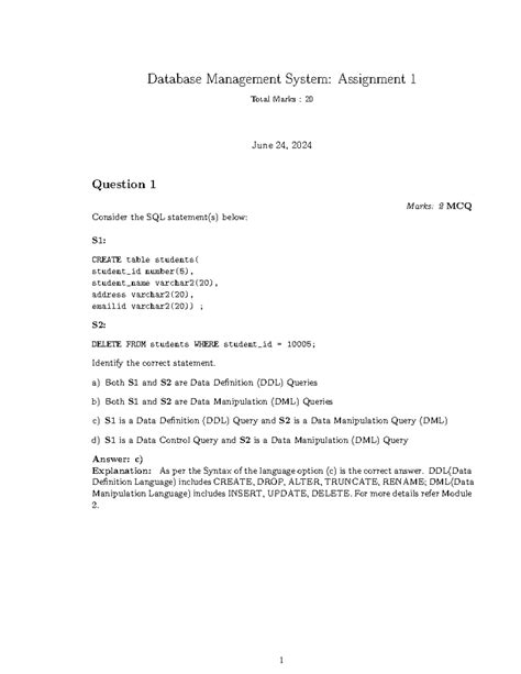 Dbms Assignment 1 July 2024 Database Management System Assignment 1