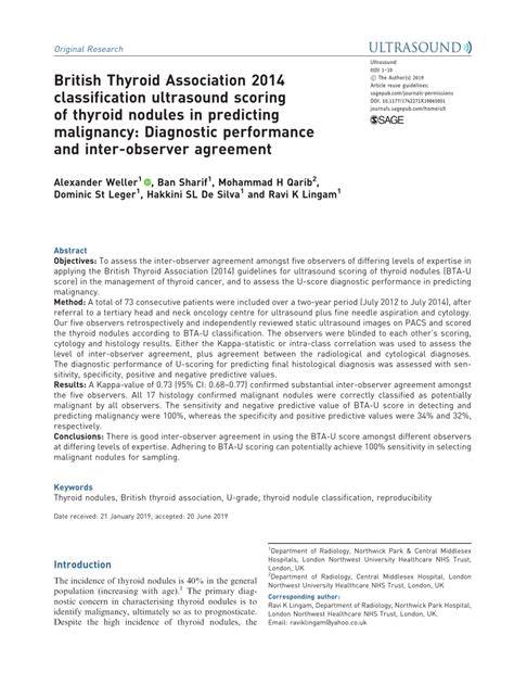 Pdf British Thyroid Association Bta 2014 Classification Ultrasound U Scoring Of Thyroid