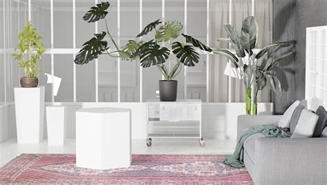 스테인드 글라스 창문과 제품 디스플레이를 위한 연단이 있는 배경에 있는 식물이 있는 햇볕이 잘 드는 실내 공간의 3d 렌더링 0명에 대한 스톡 사진 및 기타 이미지 Istock