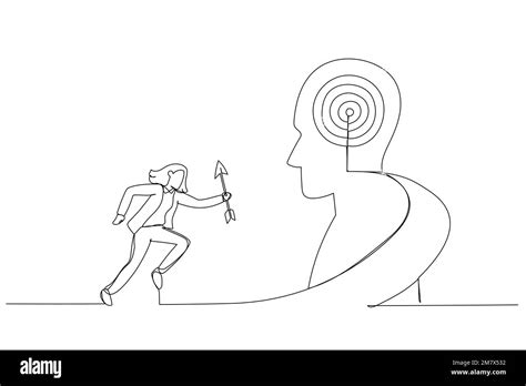 Drawing Of Businesswoman Hold Arrow Running Up Stairway To The Target