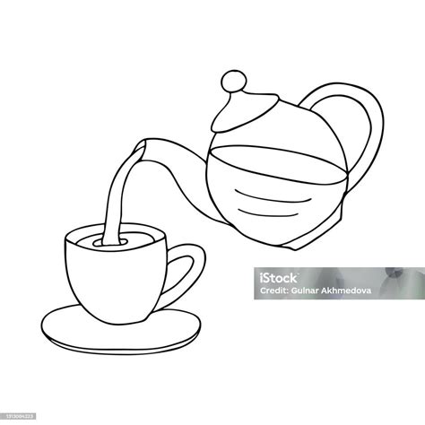 찻주전자의 낙서 그림이 컵에 차를 붓는 그림입니다 주전자와 컵의 손으로 그린 그림 컵에 차를 붓습니다 마시는 유리와 커피 냄비의 낙서 그림 찻잔에 대한 스톡 벡터 아트 및
