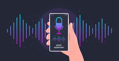 모바일 앱에서 개인 비서 및 음성 인식 인간의 손의 개념 플랫 벡터 그림은 화면과 음성 및 사운드 모방 파도에 마이크 버튼스마트 폰을 보유하고 있습니다 녹음 장비에 대한