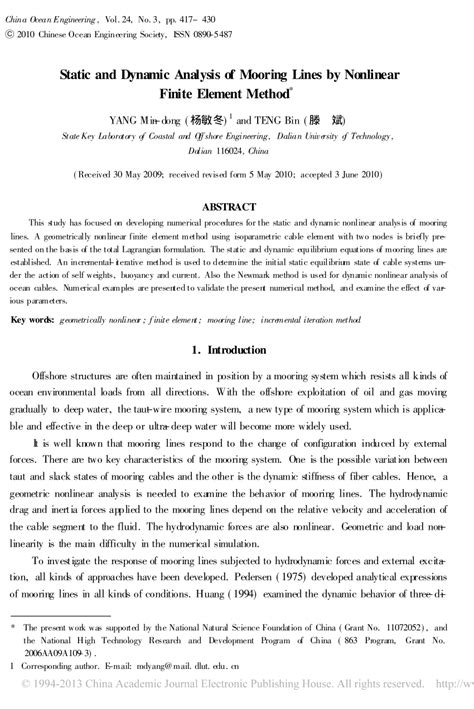 Pdf Static And Dynamic Analysis Of Mooring Lines By Nonlinear Finite