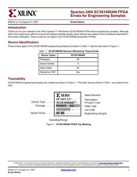 Spartan 3an Xc3s1400an Fpga Errata For Engineering Xilinx