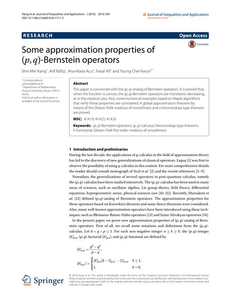 Pdf Some Approximation Properties Of P Q Bernstein Operators