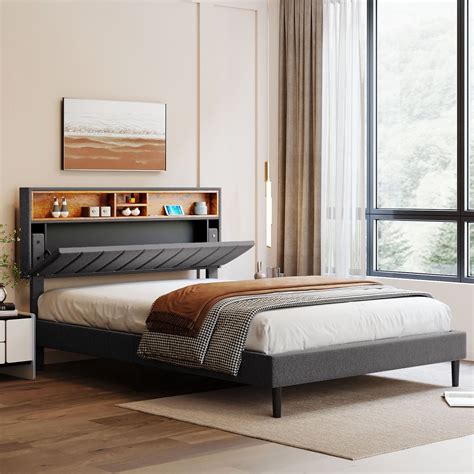 Uhomepro Gray Upholstered Platform Bed Frame With Storage Headboard And