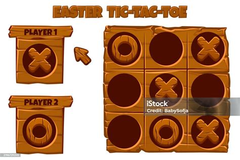 Tictactoe Wooden Style Ui Game With Cursor Arrow Vector Cartoon Strategy Game Noughts And