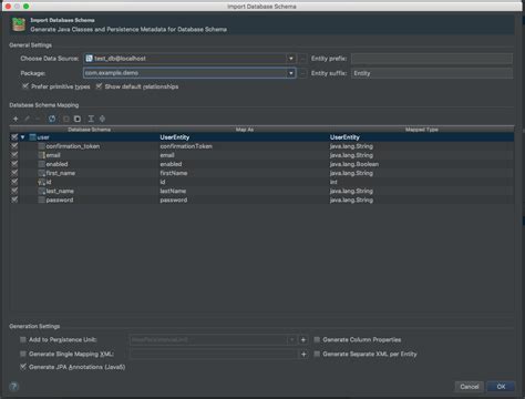 Generate Persistence Mapping By Database Schema Detail Settings For
