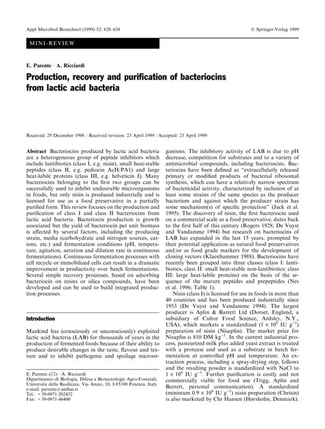Pdf Production Recovery And Purification Of Bacteriocins From Lactic Acid Bacteria