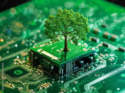 Green Tree Growing On The Converging Point Of Computer Circuit Board Green Computing Green
