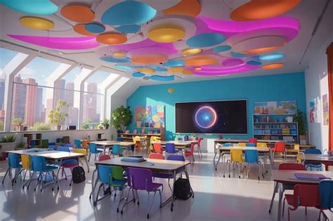Premium Ai Image A Classroom Of The Future With A Vibrant Colorful Atmosphere And A Variety Of
