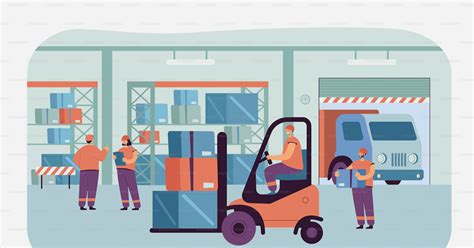창고 내부의 화물 직원 플랫 벡터 그림입니다 공장 및 물류 노동자 지게차의 로더 트럭 창고의 택배 화물 배송 및 공급 서비스 산업 개념 사진