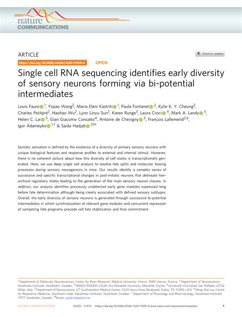 Single Cell Rna Sequencing Identifies Early Diversity Of Sensory