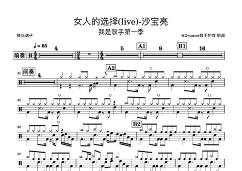 沙宝亮女人的选择鼓谱 架子鼓谱 我是歌手live 琴魂网
