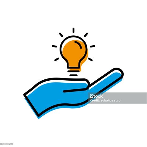 램프 전구를 가진 손 선형 색깔 아이콘 아이디어 기호 간단한 그림 모바일 개념 앱 라인 아이콘 및 웹 디자인 편집 가능한