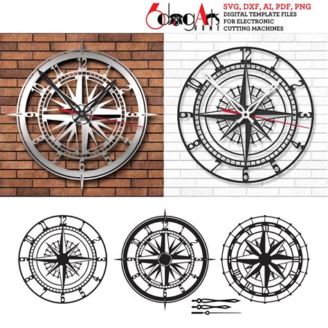 3x Compass Rose Wall Clock Svg Dxf Templates Digital Vector Files