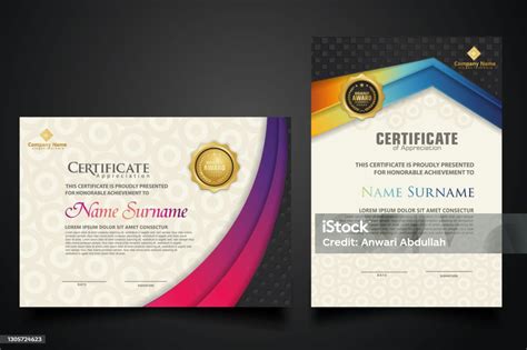 럭셔리 사실적인 텍스처 패턴과 동적 모양 구성 그라데이션 색상 졸업장 벡터 일러스트가 있는 인증서 템플릿 0명에 대한 스톡 벡터 아트 및 기타 이미지 Istock