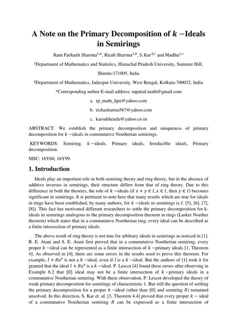 Pdf A Note On The Primary Decomposition Of K Ideals In Semirings