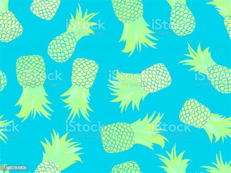 파인애플 원활한 패턴입니다 여름 과일 패턴입니다 파란색 배경에 파인애플 과일 티셔츠를 위한 트로피컬 디자인 종이와 천에 프린트