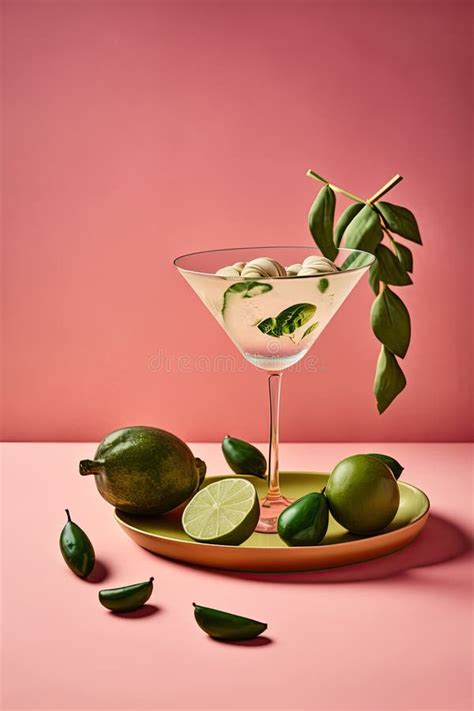Dry Martini With Lime On Sage Green Background Illustration Ai Generative Stock Illustration