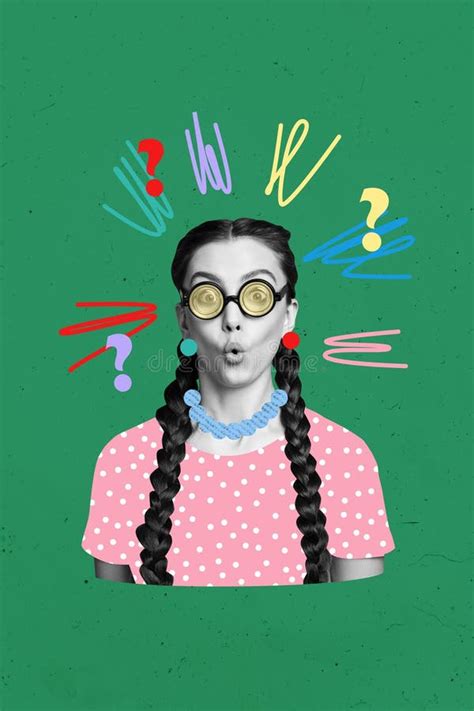 Vertical Photo Collage Of Astonished Nerd Girl Open Mouth Brunette Hairdo Braids Question Mark