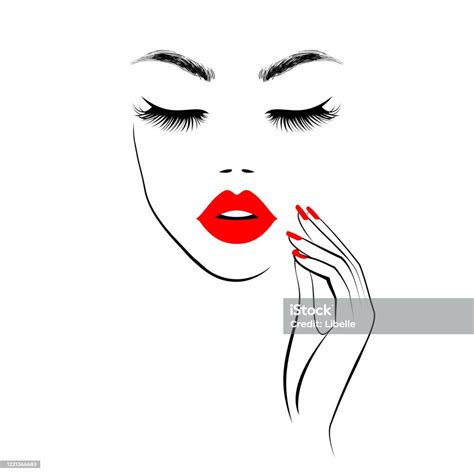 빨간 입술 무성한 속눈썹 빨간 매니큐어 손톱손과 아름다운 소녀 얼굴 뷰티 로고 벡터 일러스트레이션 메이크업 화장품에 대한 스톡 벡터 아트 및 기타 이미지 Istock