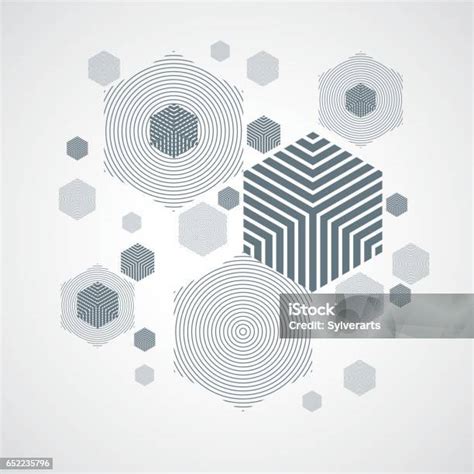 바우하우스 미술 장식 모듈형 벡터 벽지 줄무늬 육각형 동그라미를 사용 하 여 만든 레트로 스타일 패턴 책자 표지 템플릿으로 사용