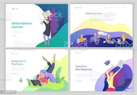 편안한 학습 사람들이 야외에서 온라인 교육 교육 및 과정을 위해 졸업한 웹 페이지 디자인 템플릿 세트 현대 벡터 일러스트 레이션