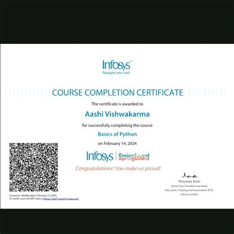 Learned Python With Infosysspringboard Certificate Aashi Vishwakarma Posted On The Topic
