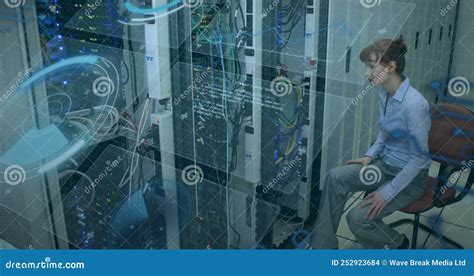 Animation Of Digital Interface Over Caucasian Female Server Room Worker Stock Footage Video Of