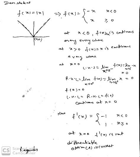 the function f x modulus x is a continuous everywhere but not differentiable at x equal to