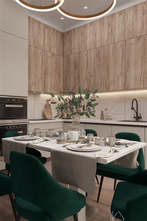 Современная кухня в стиле сканди с зелеными стульями Dining Bench Dining Table