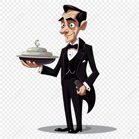 집사 클립 아트 검은 넥타이와 쟁반에 만화 웨이터 벡터 정장 서브웨어 Png 일러스트 무료 다운로드 Lovepik