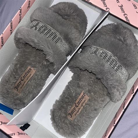 Juicy Couture Fuzzy Bling Slides In A Grey Color Depop