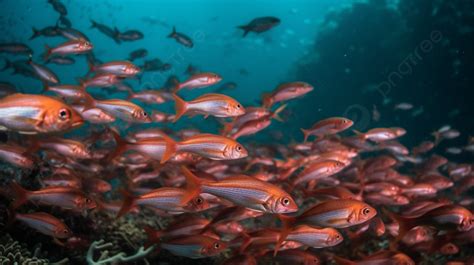 많은 붉은 산호 물고기가 산호초 주위를 헤엄친다 산호초 물속에서 우아하게 헤엄치는 아름다운 붉은 숭어 무리 고화질 사진 사진