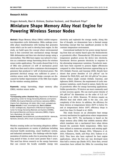 PDF Miniature Shape Memory Alloy Heat Engine For Powering Wireless Sensor Nodes
