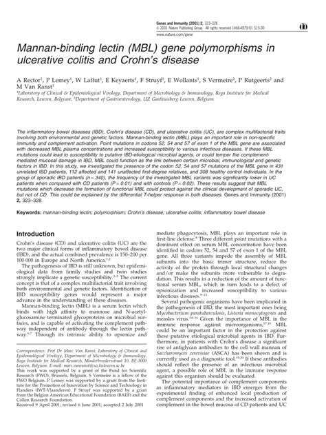 Pdf Mannan Binding Lectin Mbl Gene Polymorphisms In Ulcerative Colitis And Crohns Disease