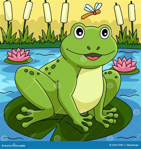 Spring Frog On A Water Lily Colored Cartoon Stock Vector Illustration