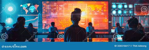 Team Analyzing Data On Large Digital Screens In A Modern Control Room Showcasing Technology And