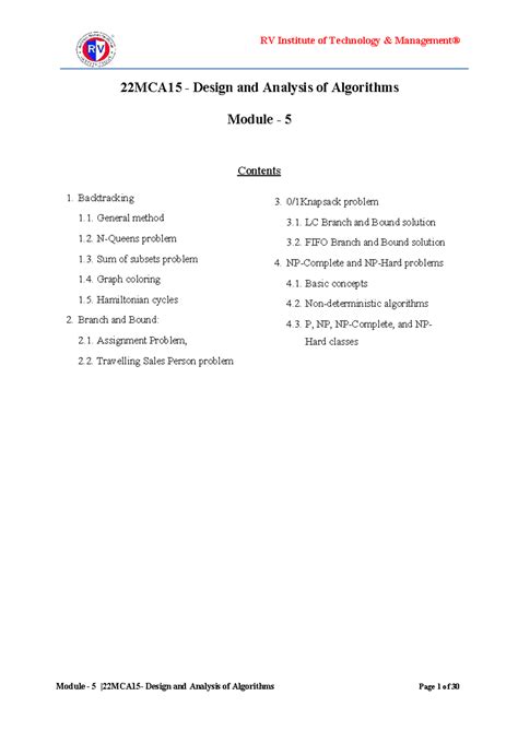 Module 5 Daa Design And Analysis Of Algorithms Page 1 Of 30 22mca15