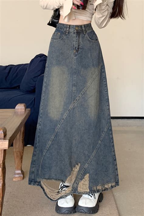 깔센 골든 사선 라인 레트로 데님 하이웨이스트 A라인 롱 스커트