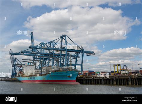 Container Ship Maersk Newhaven Pictured At Tilbury Docks Container Terminal In Essex Unloading