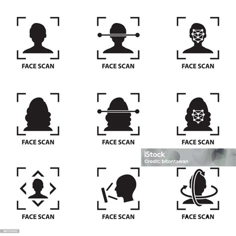 아이콘 및 기호 스마트폰 및 컴퓨터 사람 얼굴을 검색 합니다 생체 인식 식별입니다 얼굴 인식 시스템 개념입니다 안면 인식 기술에 대한 스톡 벡터 아트 및 기타 이미지